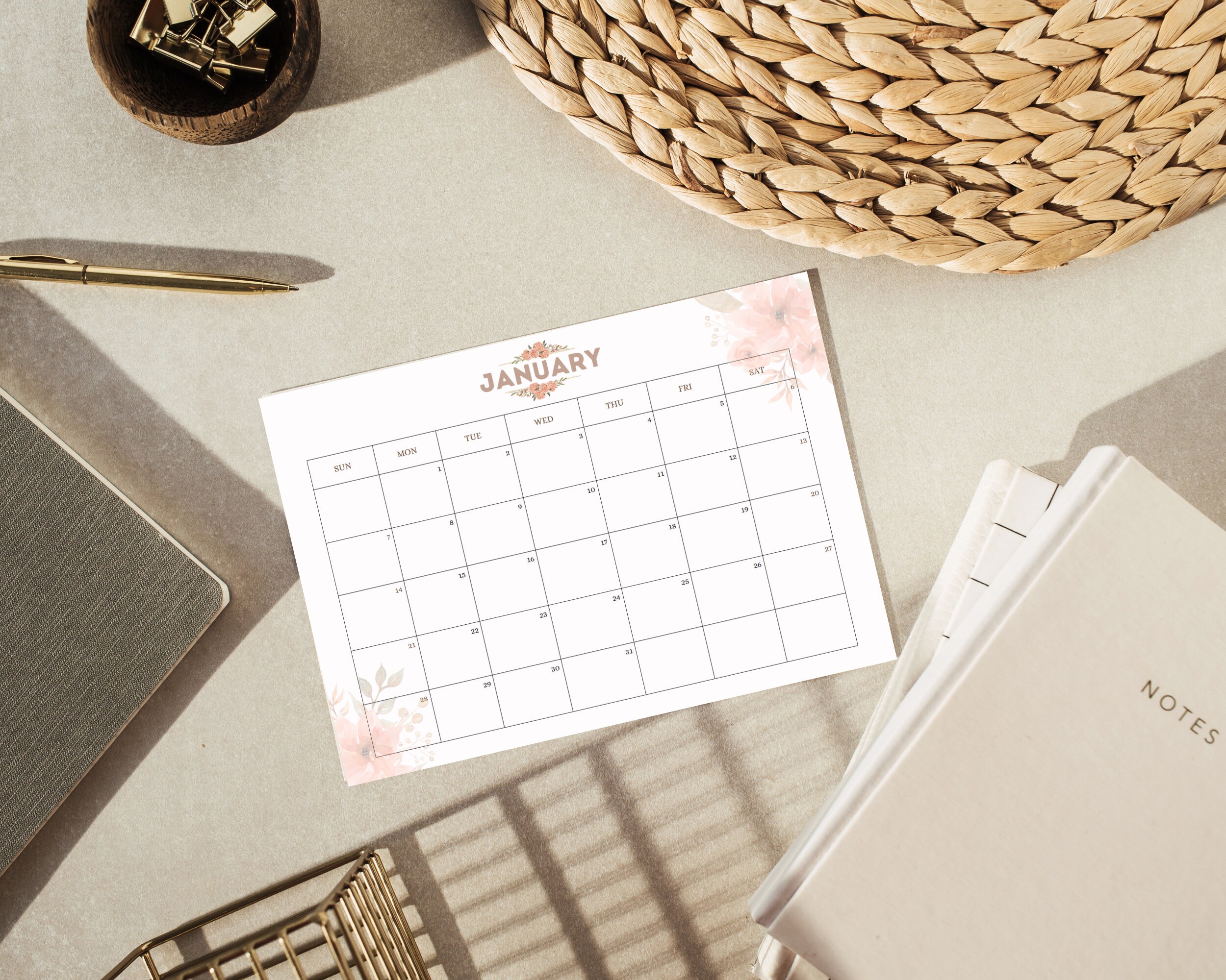 Printable Calendar 2024 Floral Design Wall Office Room House Calendar ...