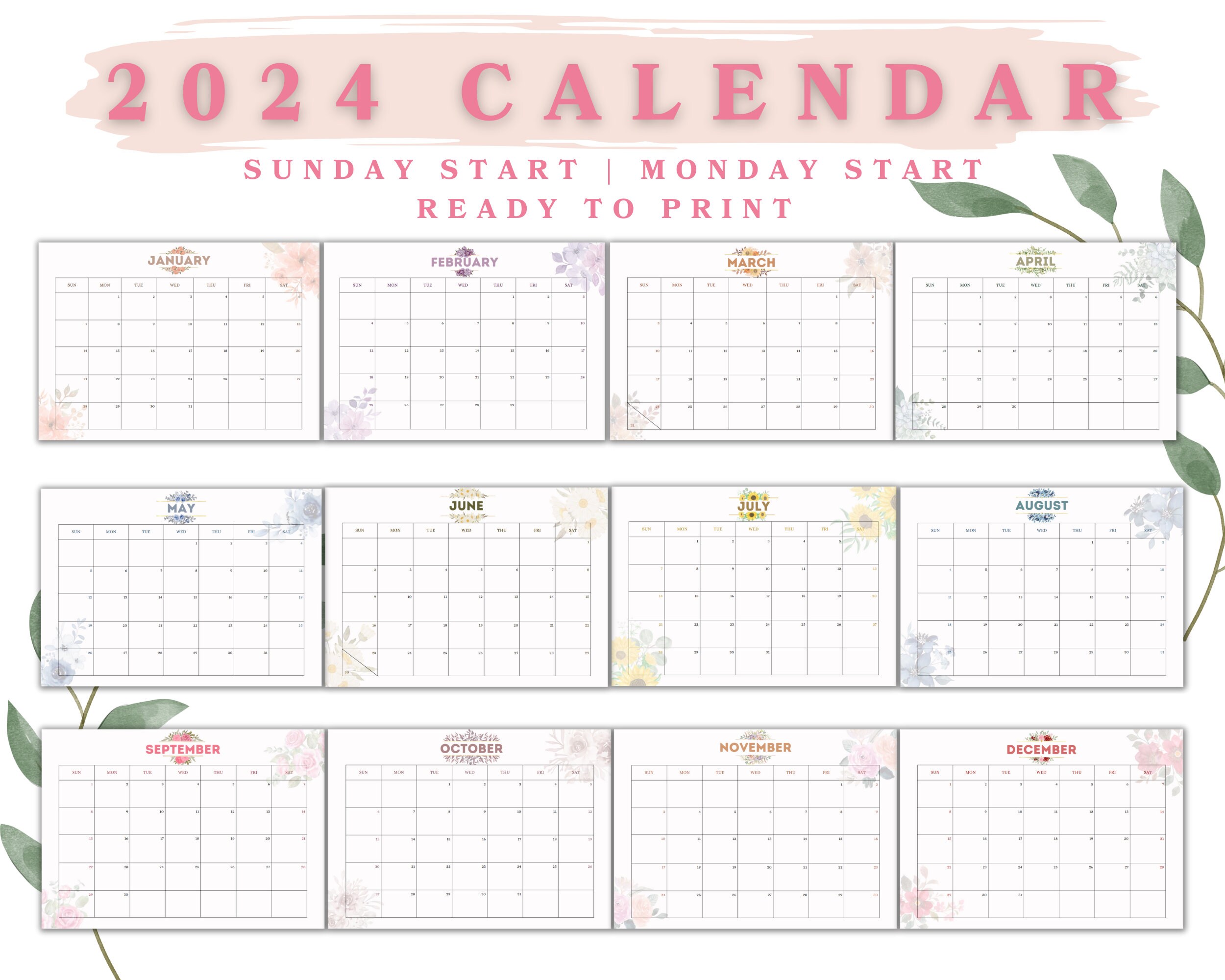 Printable Calendar 2024 | Floral Design | Wall Office Room House ...