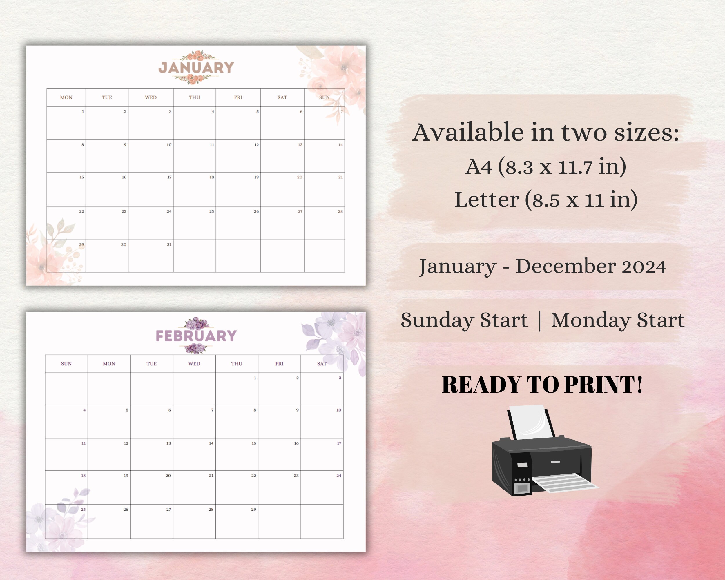 Printable Calendar 2024 Floral Design Wall Office Room House Calendar ...