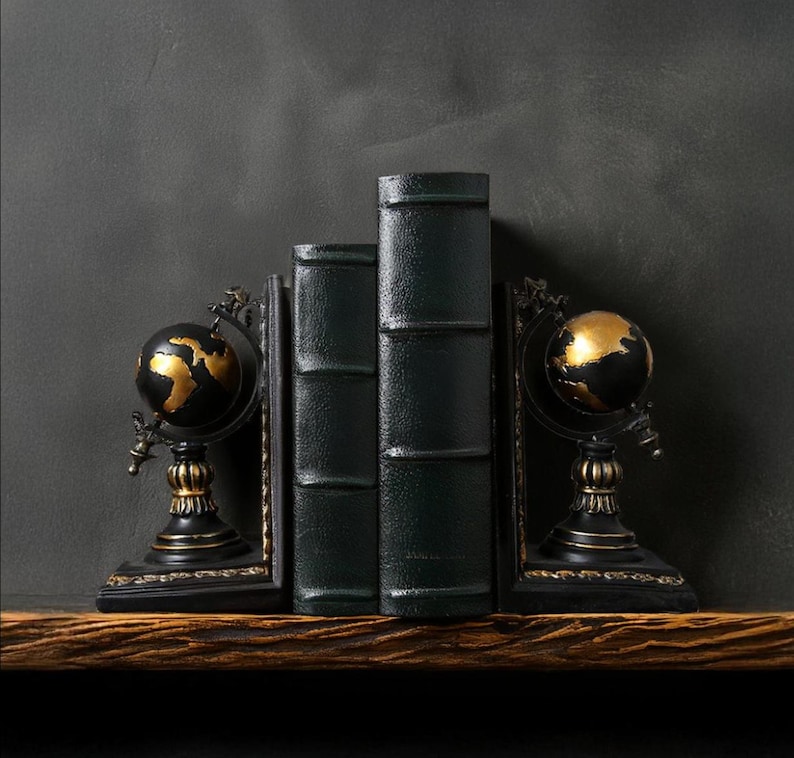 Black and Gold Globe Bookends Rustic Retro Office Décor Bookends Office Ornament Bookshelf Décor ...