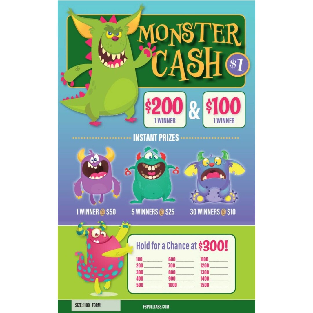 Monster Cash is a One-window Pull Tab Game With 1,100 Tickets At 1.00 ...