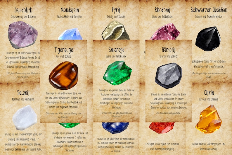 20 Crystal Meaning Cards Watercolor Drawn Energy Cards Printable ...