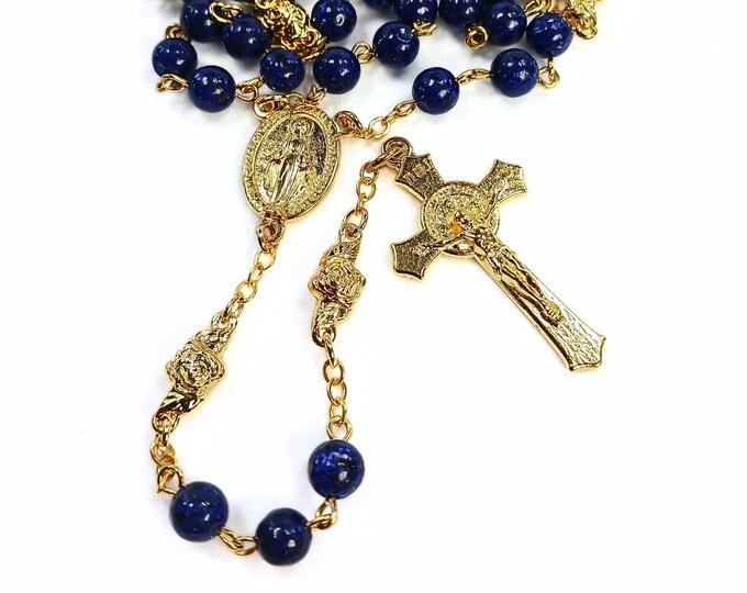 Lapis Miraculous Medal Rosary | Saint Benedict Crucifix | Gold ...