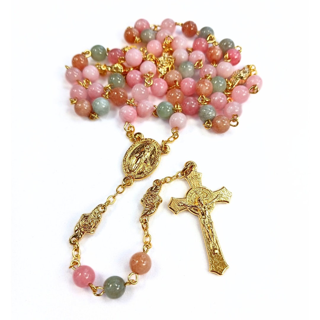 Rainbow Alxa Stone Miraculous Medal Rosary | Saint Benedict Crucifix ...
