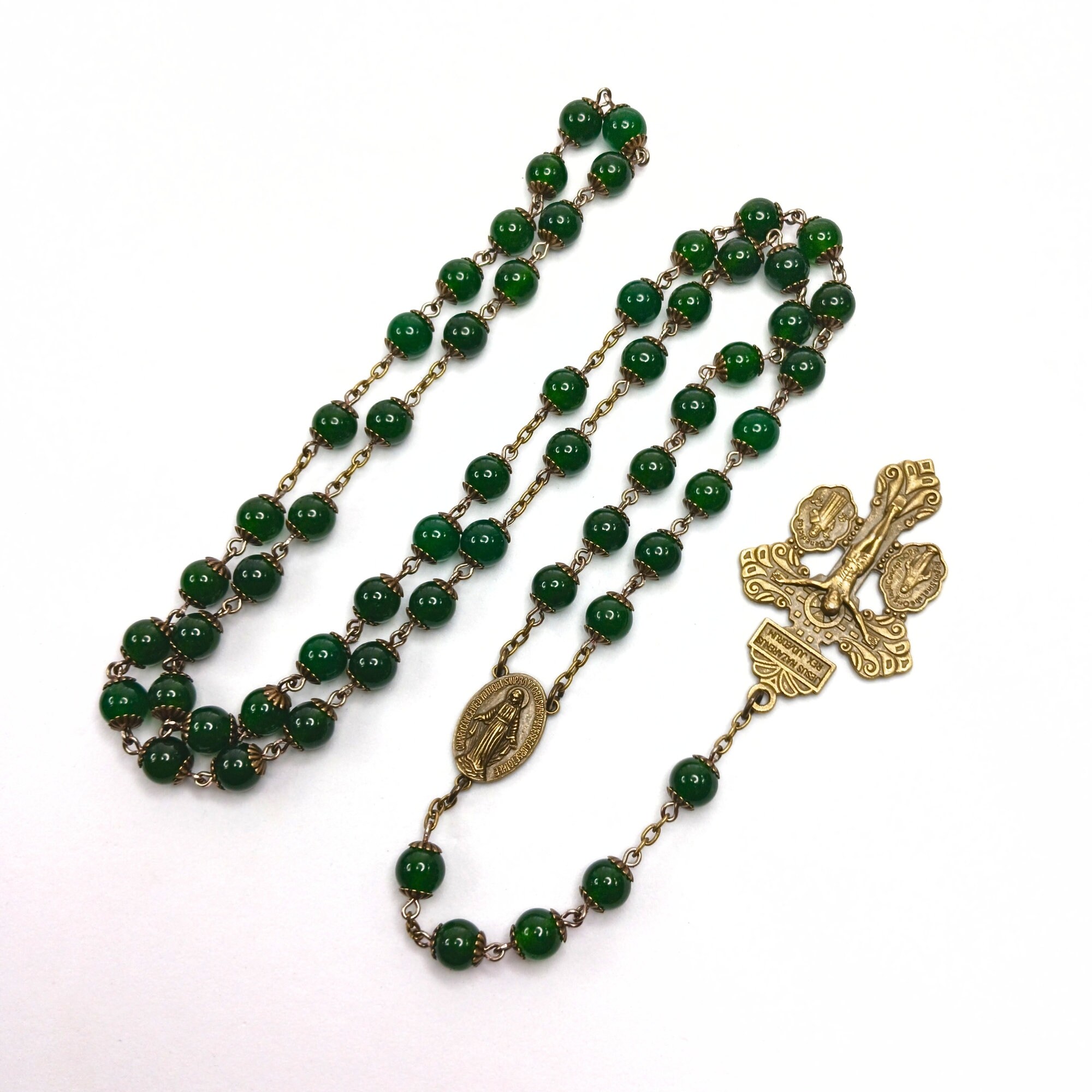 Green Agate Miraculous Medal Rosary Pardon Indulgence Crucifix Bronze ...