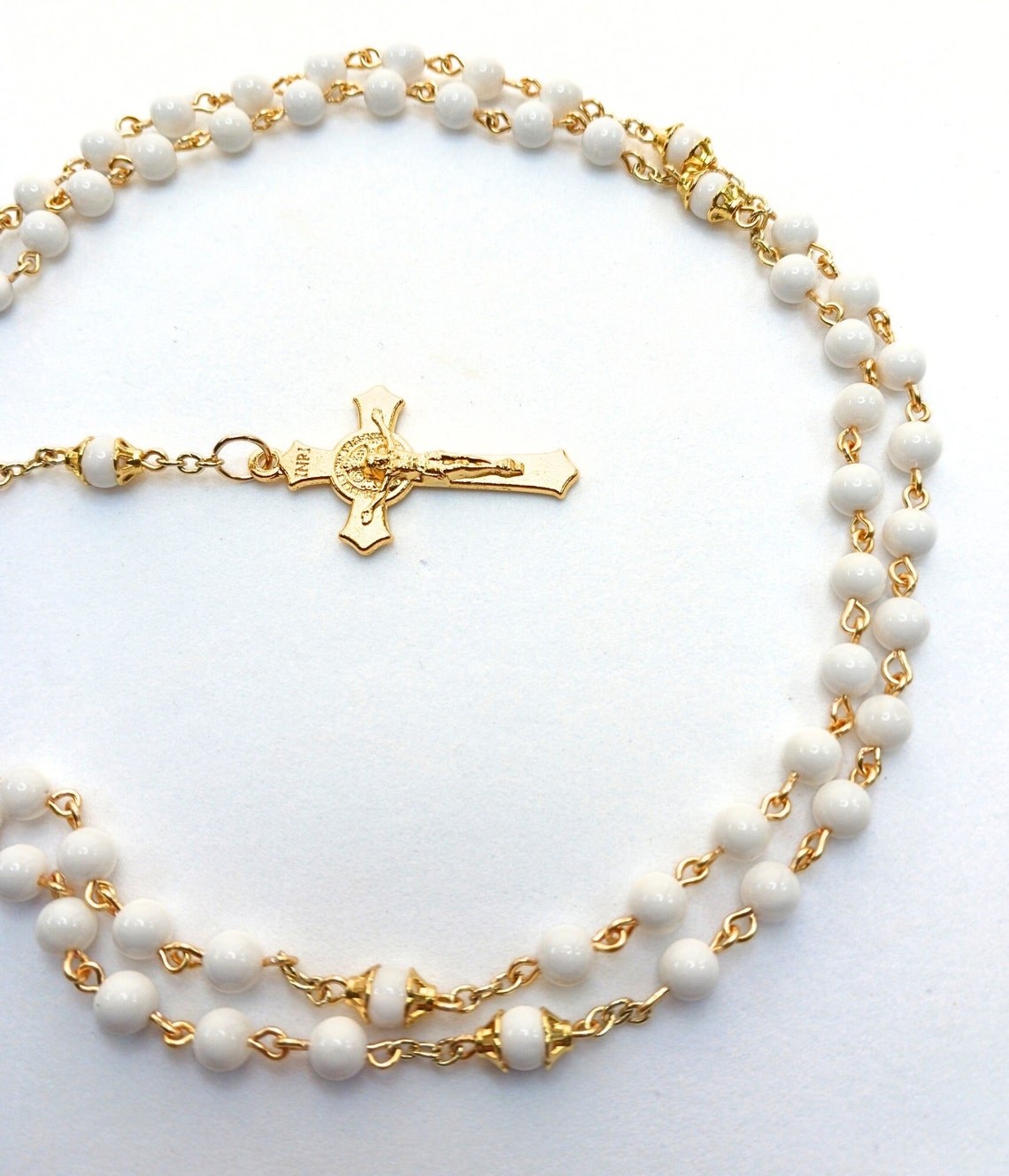 White Shell Miraculous Medal Rosary Saint Benedict Crucifix Gold ...