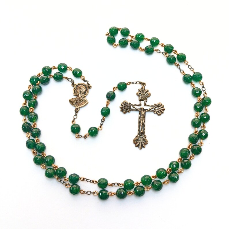 Emerald Jade Sacred Heart Rosary Fleur-de-lis Crucifix Our Lady of ...