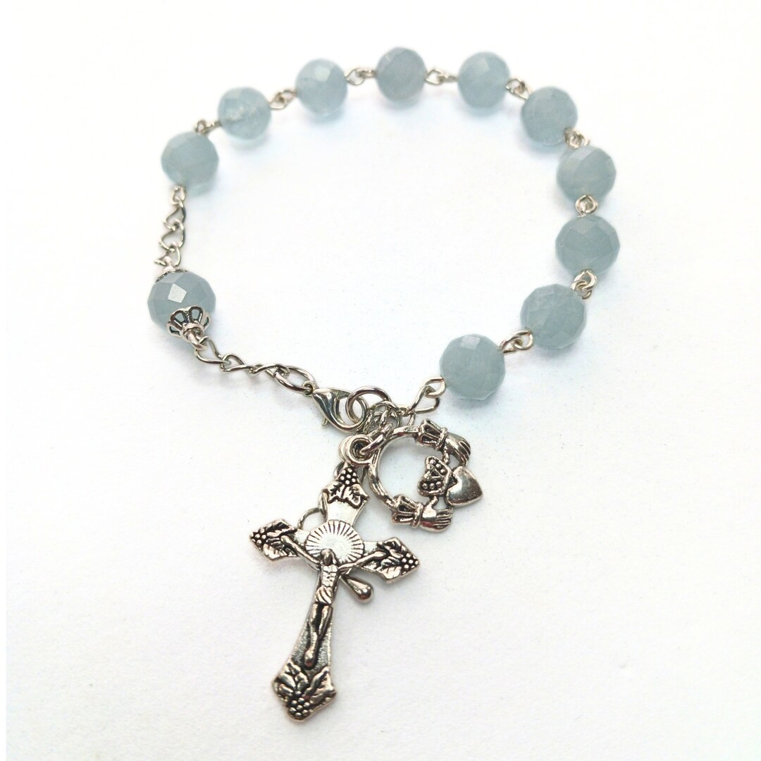 Faceted Aquamarine Bracelet Rosary | Claddagh Charm | Silver | Handmade ...