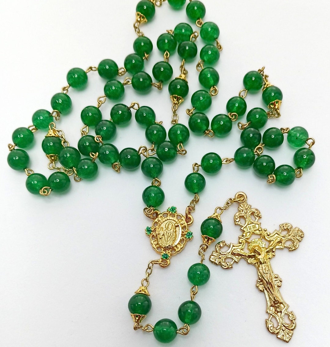 Green Jade Saint Patrick Rosary | Fleur-de-lis Crucifix | Gold ...
