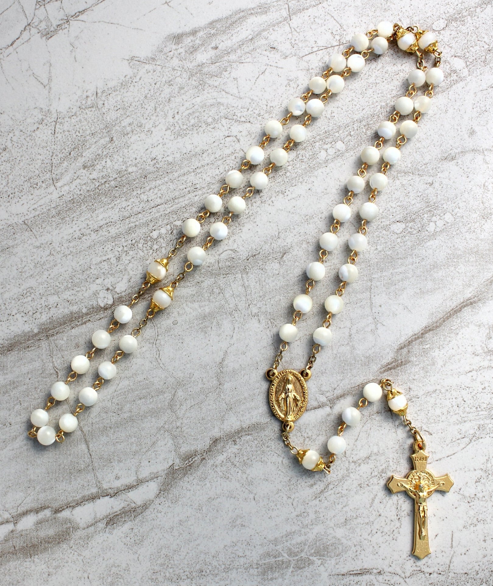 River Shell Miraculous Medal Saint Benedict Flared Gold Handmade Rosary ...