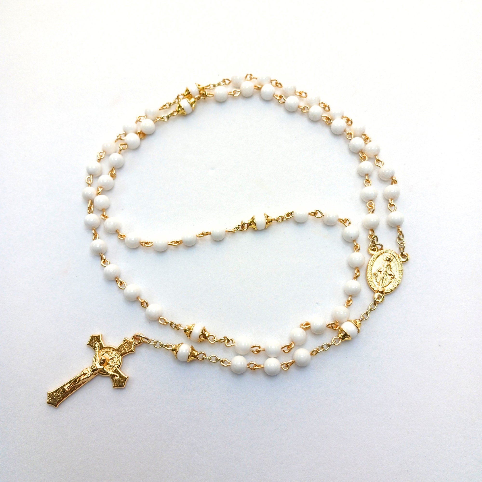 White Shell Miraculous Medal Rosary Saint Benedict Crucifix Gold ...