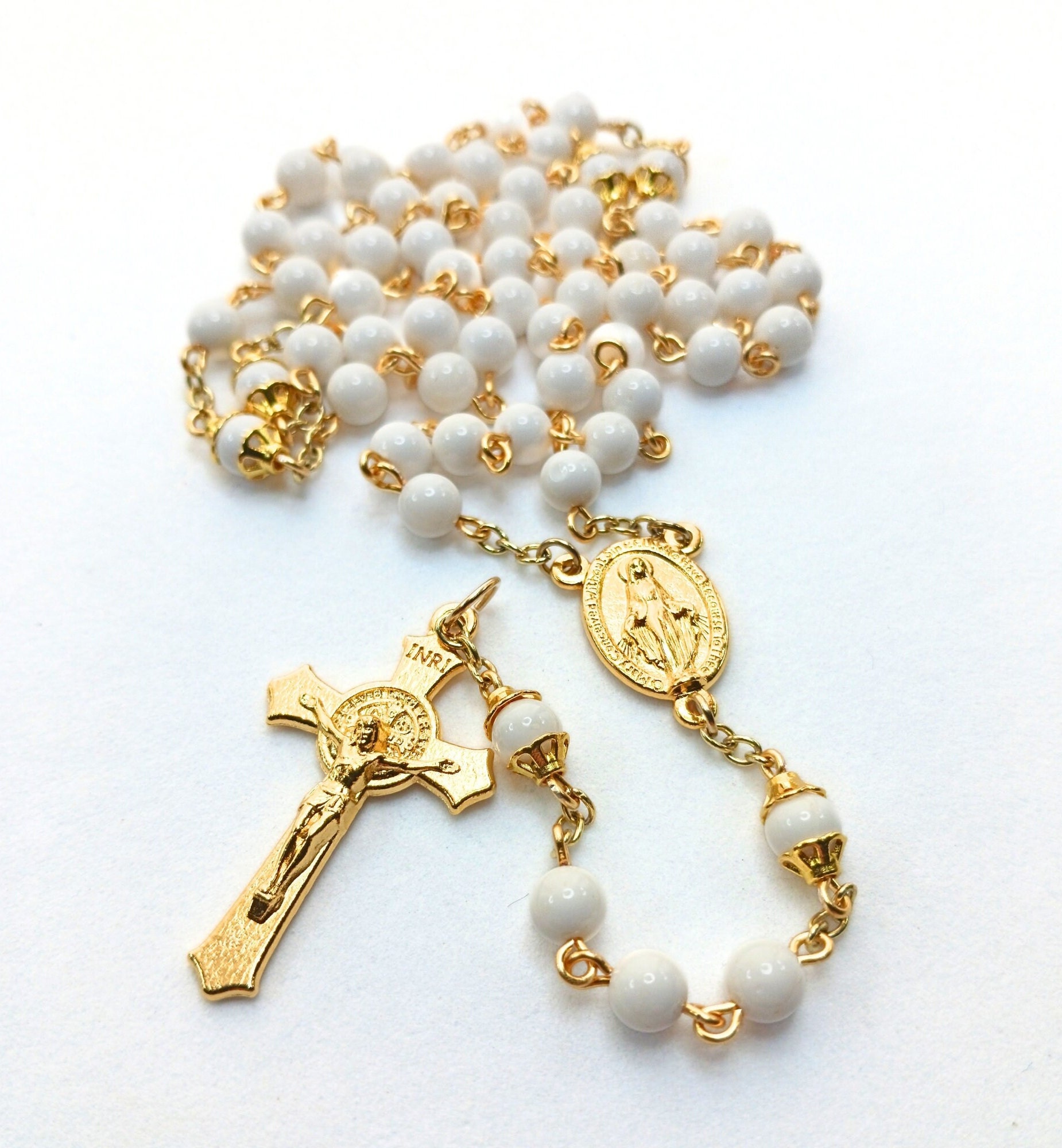 White Shell Miraculous Medal Rosary Saint Benedict Crucifix Gold ...