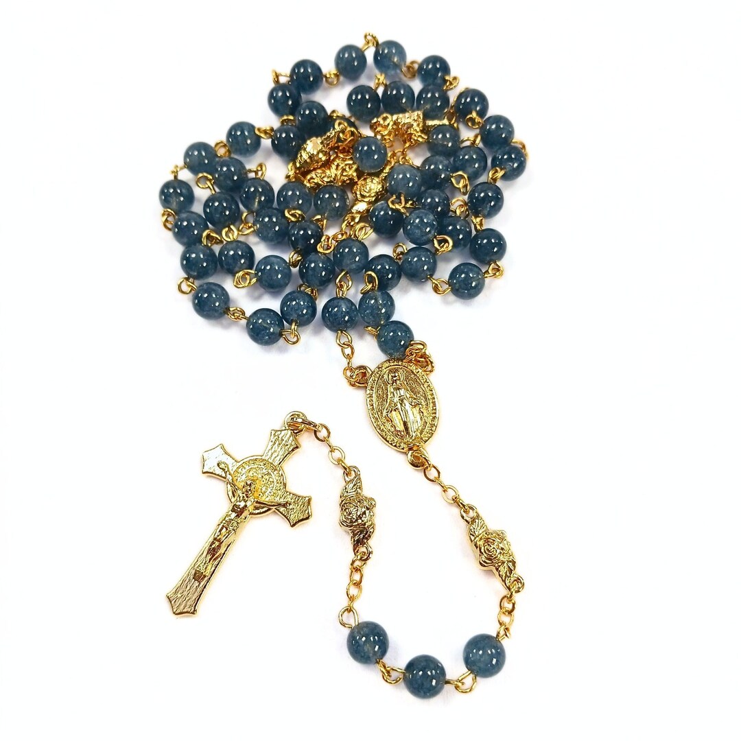 Jade Miraculous Medal Rosary | Saint Benedict Crucifix | Rose Bud Connector | Gold | Handmade ...