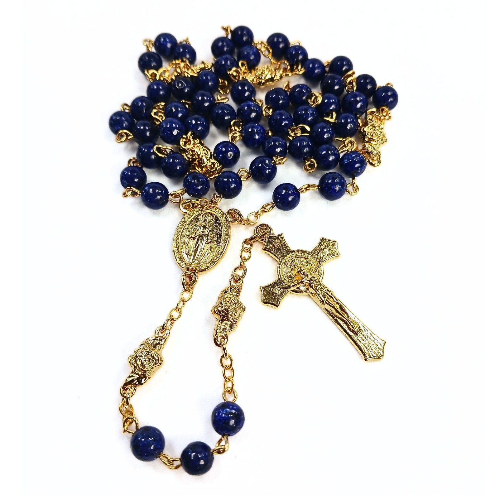 Lapis Miraculous Medal Rosary | Saint Benedict Crucifix | Gold ...