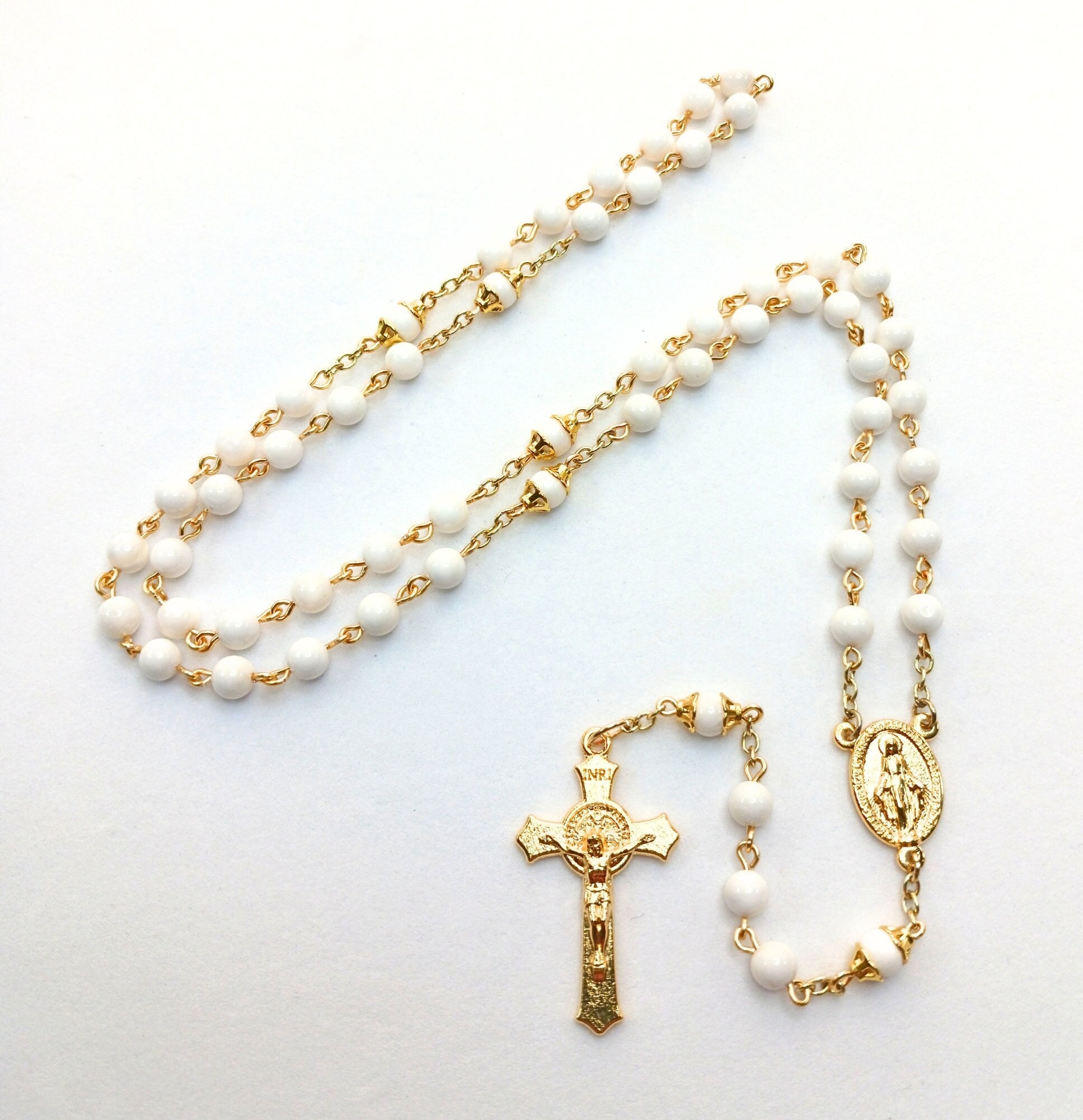 White Shell Miraculous Medal Rosary Saint Benedict Crucifix Gold ...