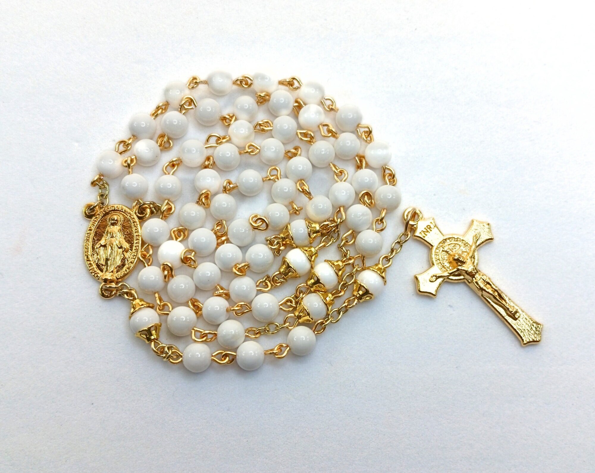 White Shell Miraculous Medal Rosary Saint Benedict Crucifix Gold ...