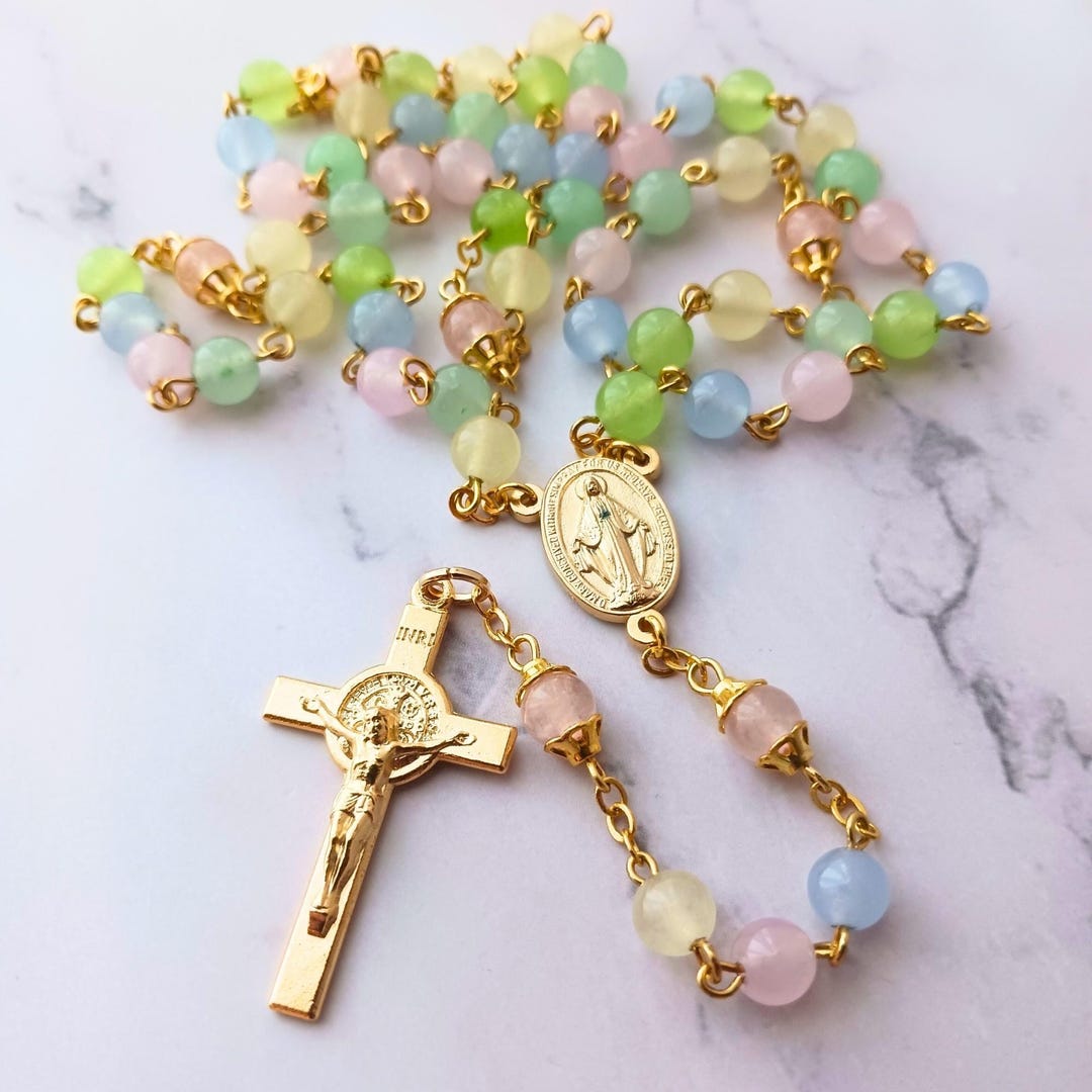 Dyed Jade Miraculous Medal Rosary | Saint Benedict Crucifix | Rose Bud Connector | Gold ...