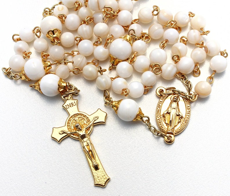 River Shell Miraculous Medal Saint Benedict Flared Gold Handmade Rosary ...