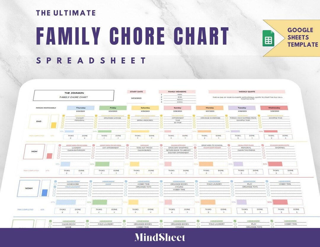 Family Chore Chart Google Sheets Template, Weekly Family Chore ...