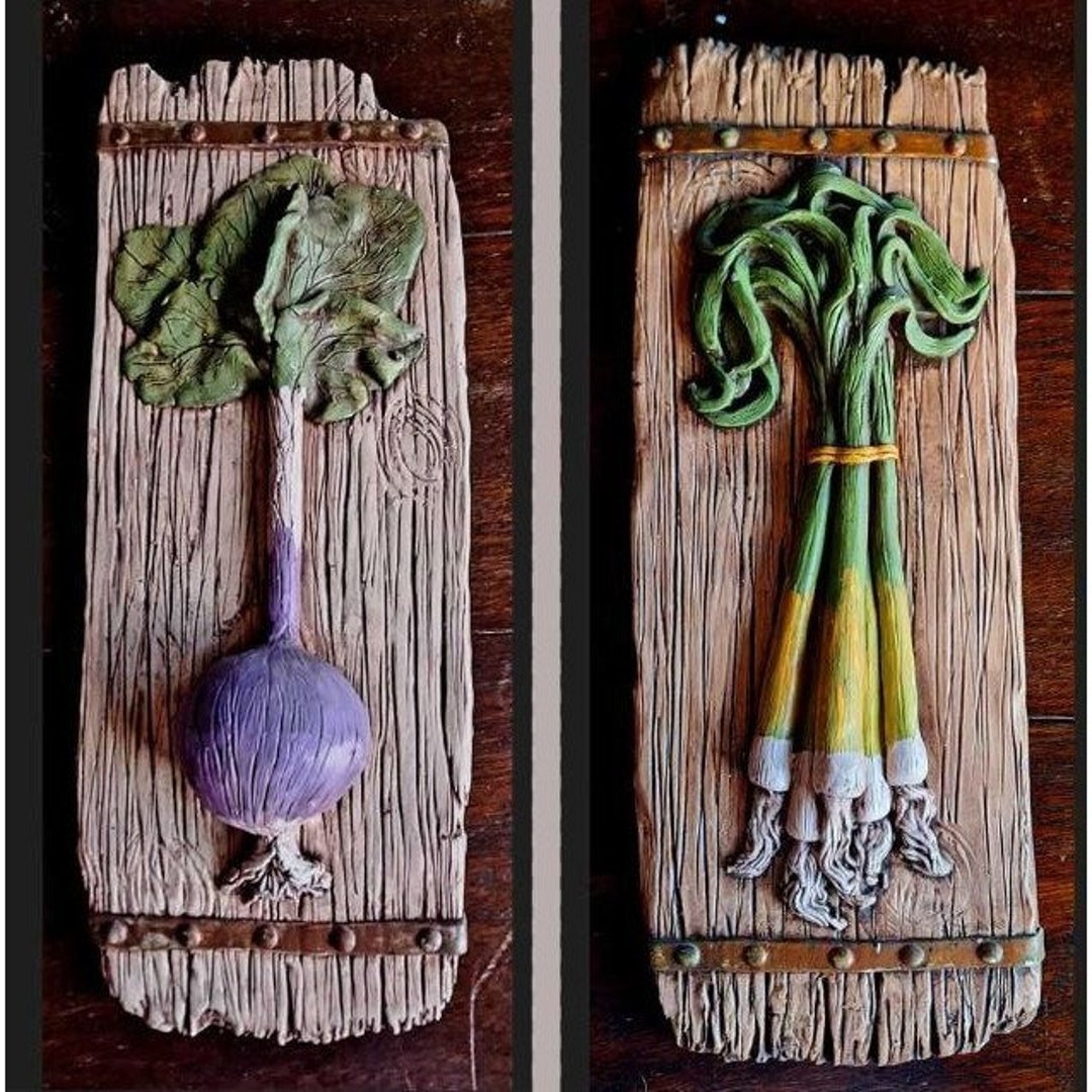 Two Cheryl Gadow Wall Plaque Chalkware in Relief on Faux Textured Wood ...