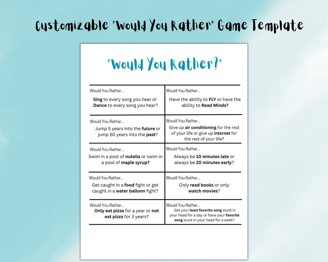 Would You Rather Game Template Customizable Activity - Etsy