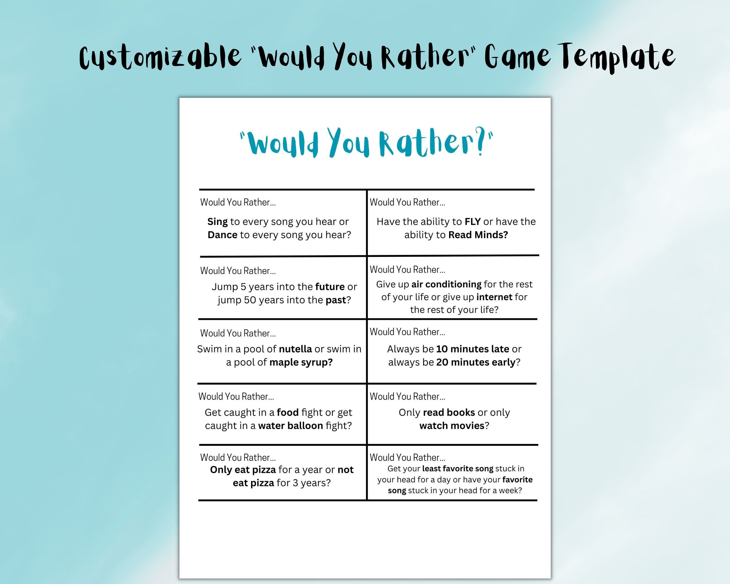 Would You Rather Game Template Customizable Activity - Etsy