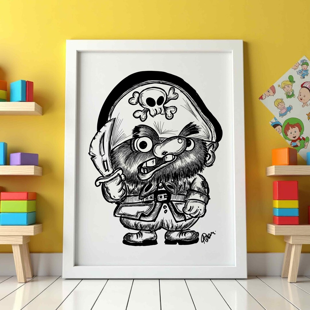Angry Pirate Cartoon Print – Hand‑drawn Nautical Character Illustration ...