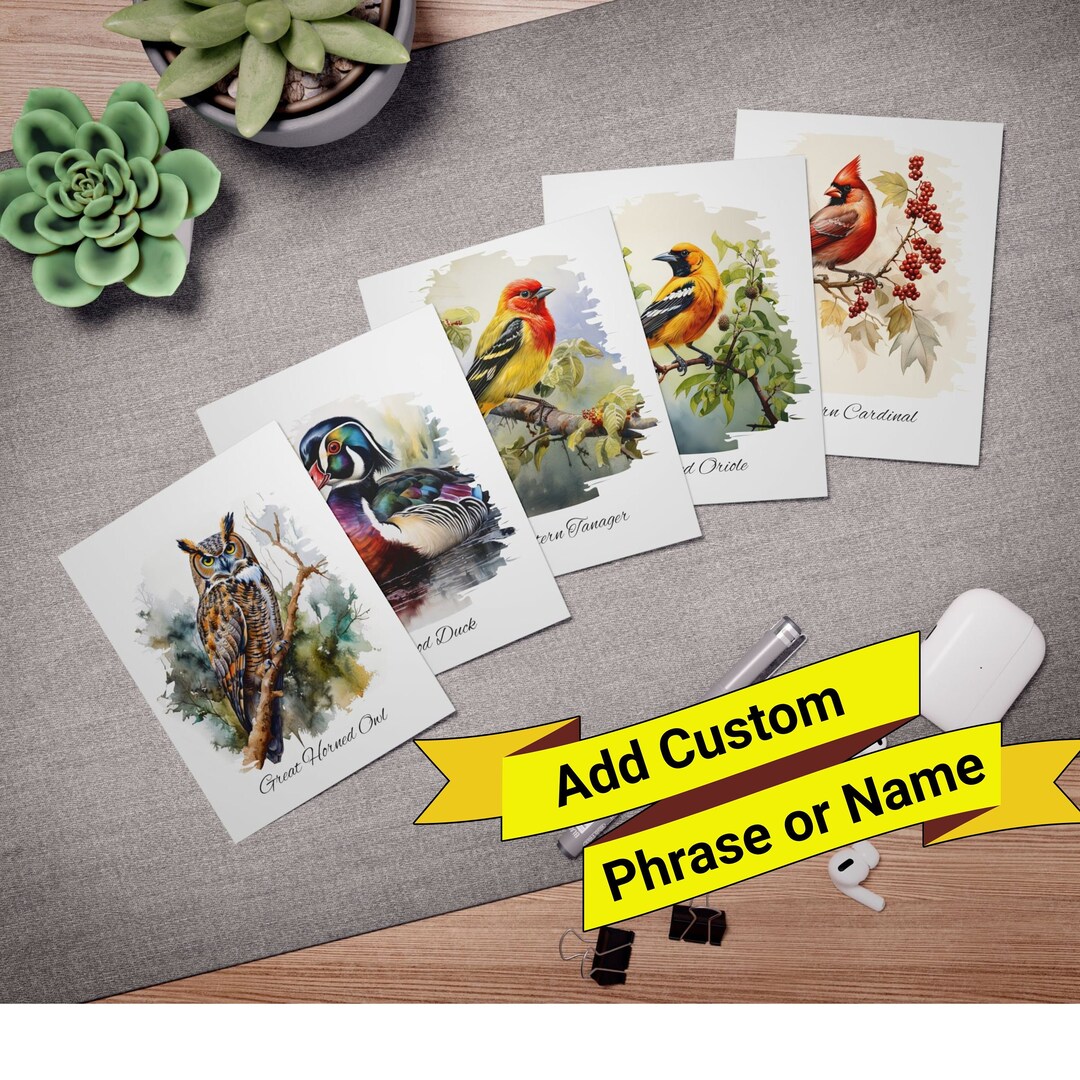 Watercolor Bird Art Cards Personalized, Set of 5 Greeting Cards Bird ...