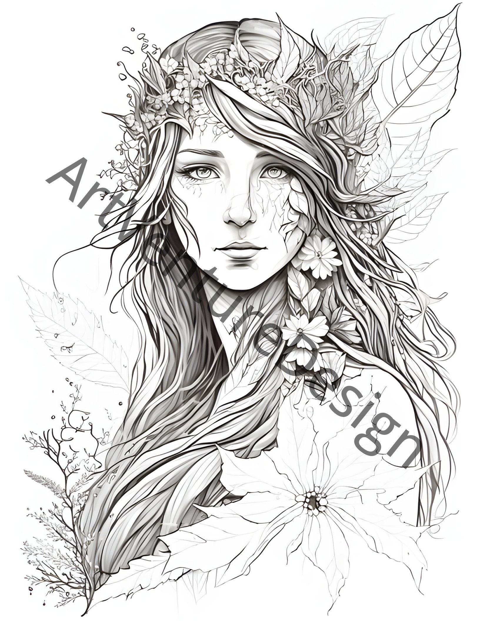Grayscale Elf Princess Coloring Book Set 1 | 30 Printable Adult ...