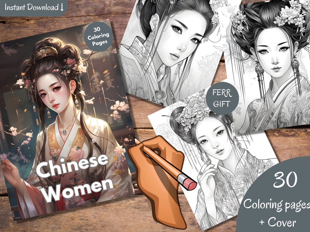 Grayscale Chinese Women Coloring Book for Adults | 30 Printable Adult ...