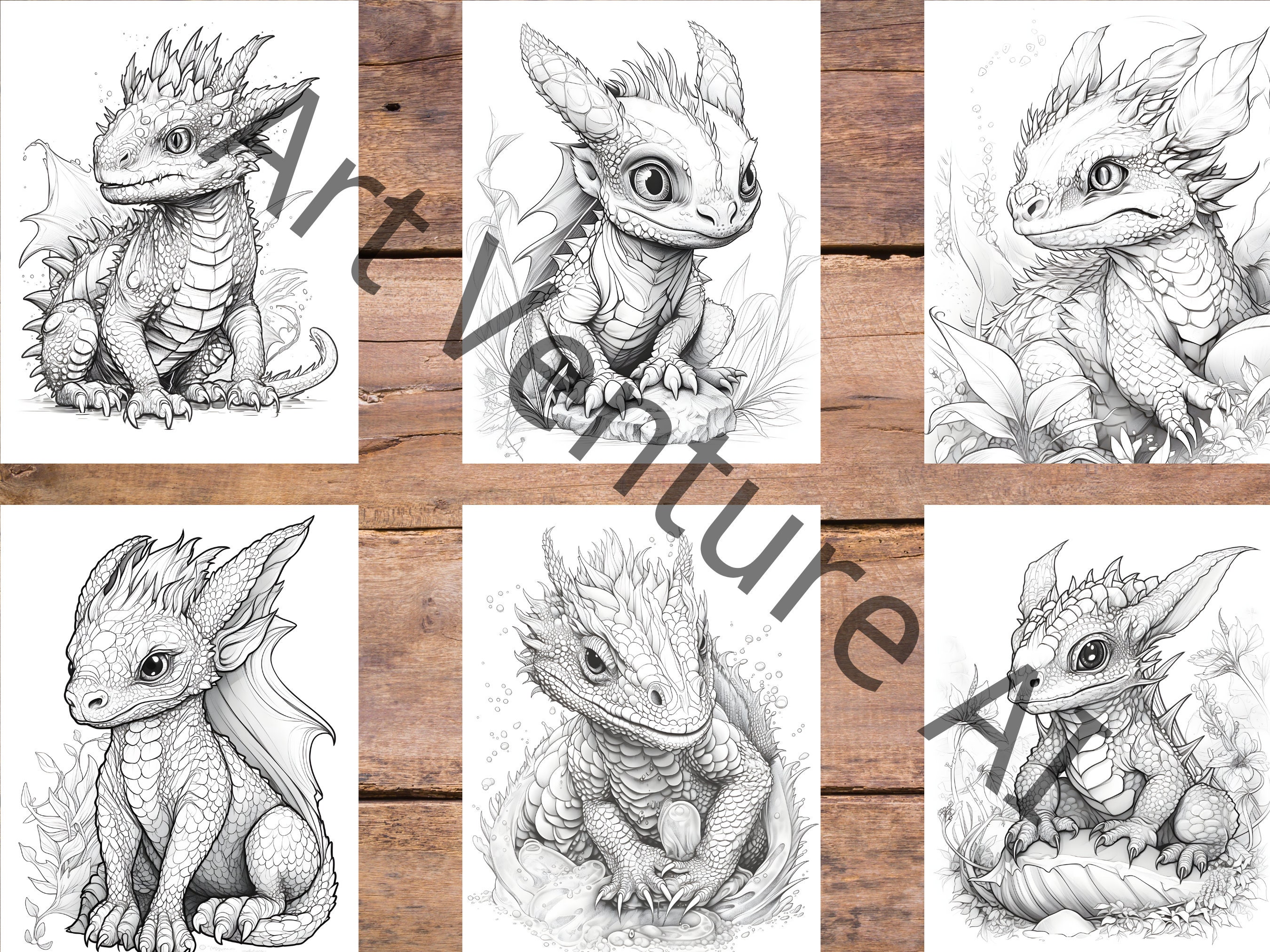 Grayscale Baby Dragon Coloring Book Set 1 | 30 Printable Adult Coloring ...