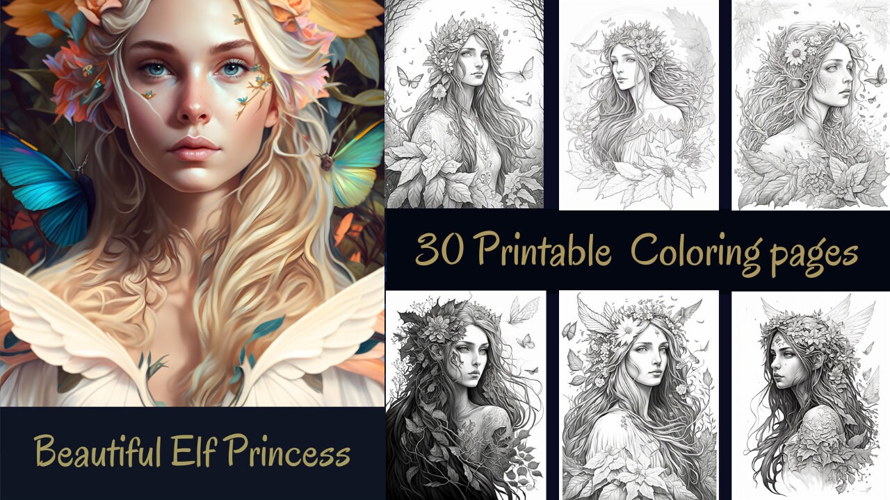 Grayscale Elf Princess Coloring Book Set 1 | 30 Printable Adult ...