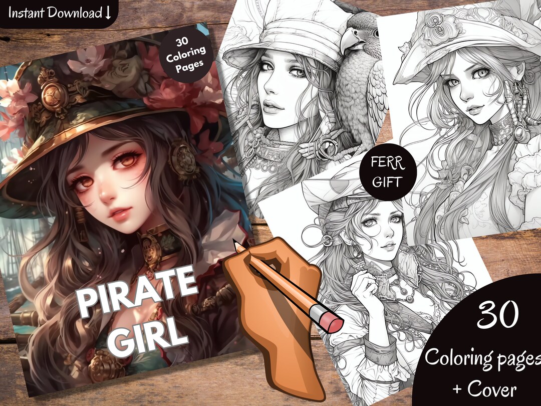 Grayscale Pirate Girl Coloring Book for Adults | 30 Printable Adult ...