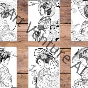 Grayscale Japanese Geisha Coloring Book Set 1 | 30 Printable Adult ...