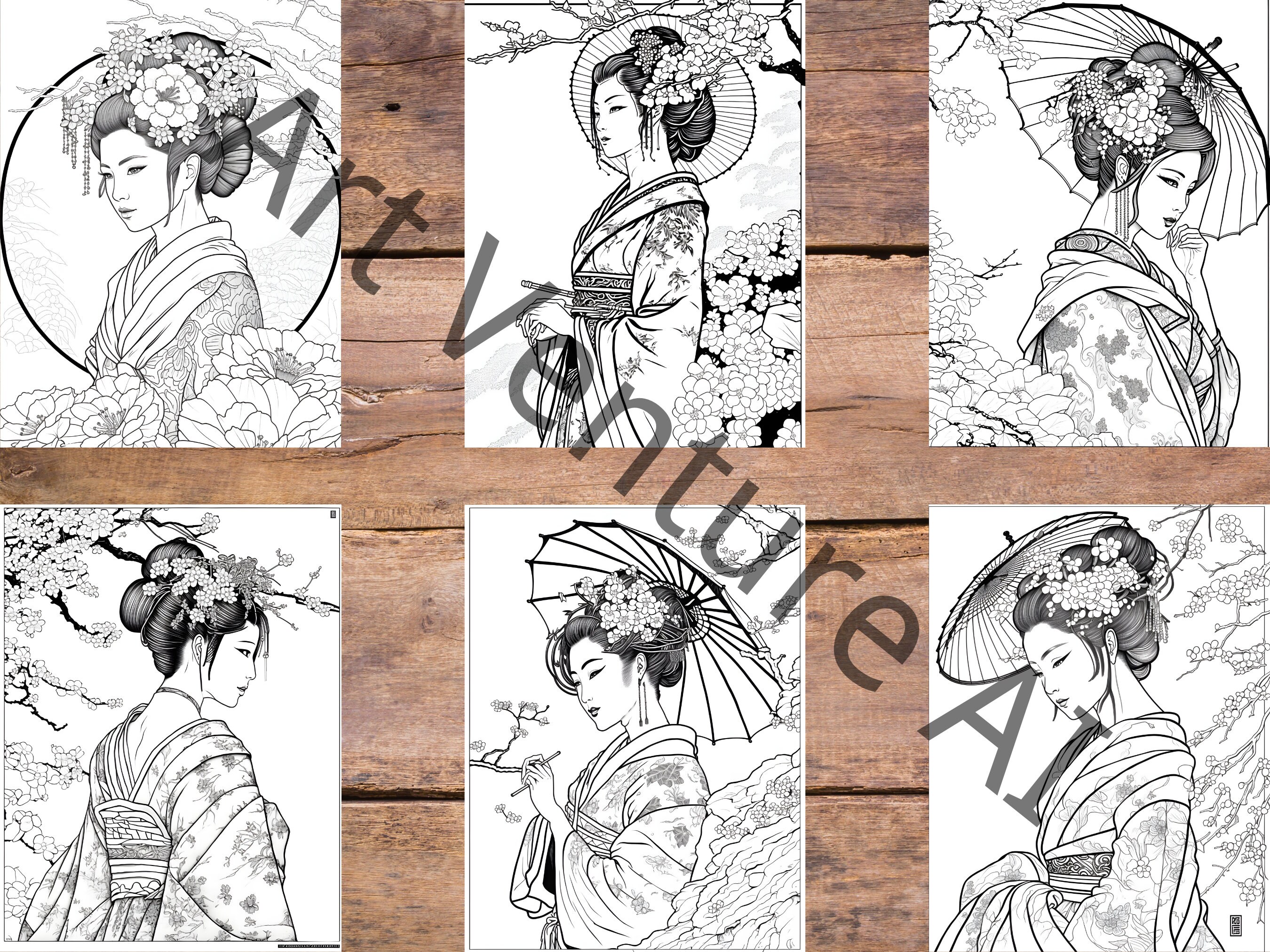 Grayscale Japanese Geisha Coloring Book Set 1 30 Printable - Etsy