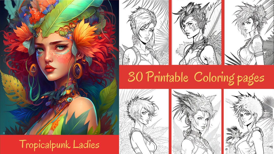 Grayscale Tropicalpunk Lady Coloring Book Set 1 30 Printable Adult ...