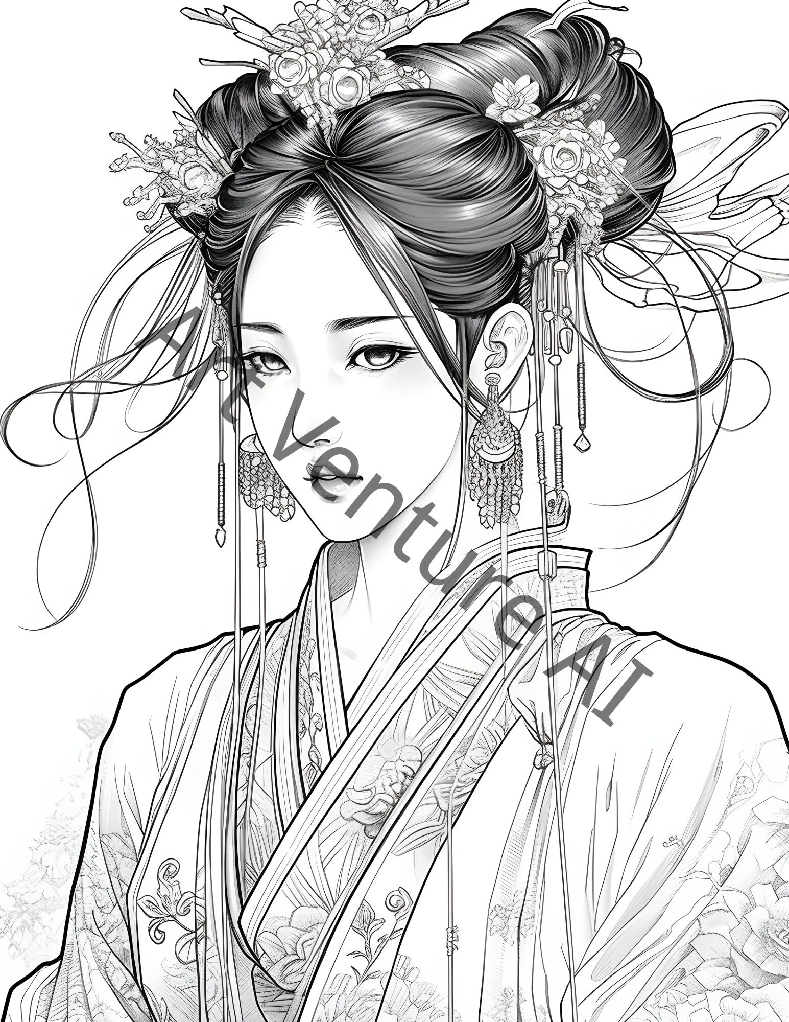 Grayscale Chinese Women Coloring Book for Adults | 30 Printable Adult ...