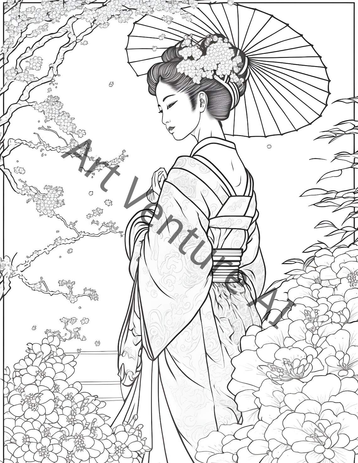 Grayscale Japanese Geisha Coloring Book Set 1 30 Printable - Etsy