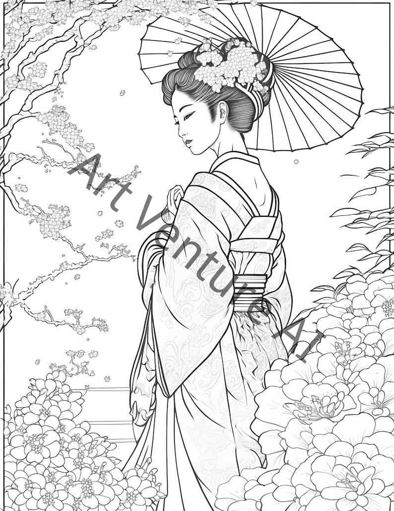 Grayscale Japanese Geisha Coloring Book Set 1 | 30 Printable Adult ...