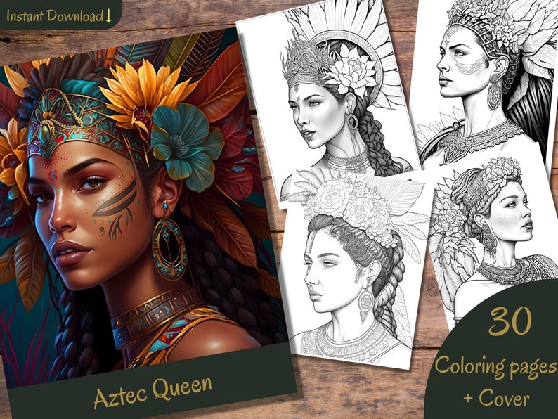 Grayscale Aztec Queen Coloring Book Set 1 | 30 Printable Adult Coloring ...