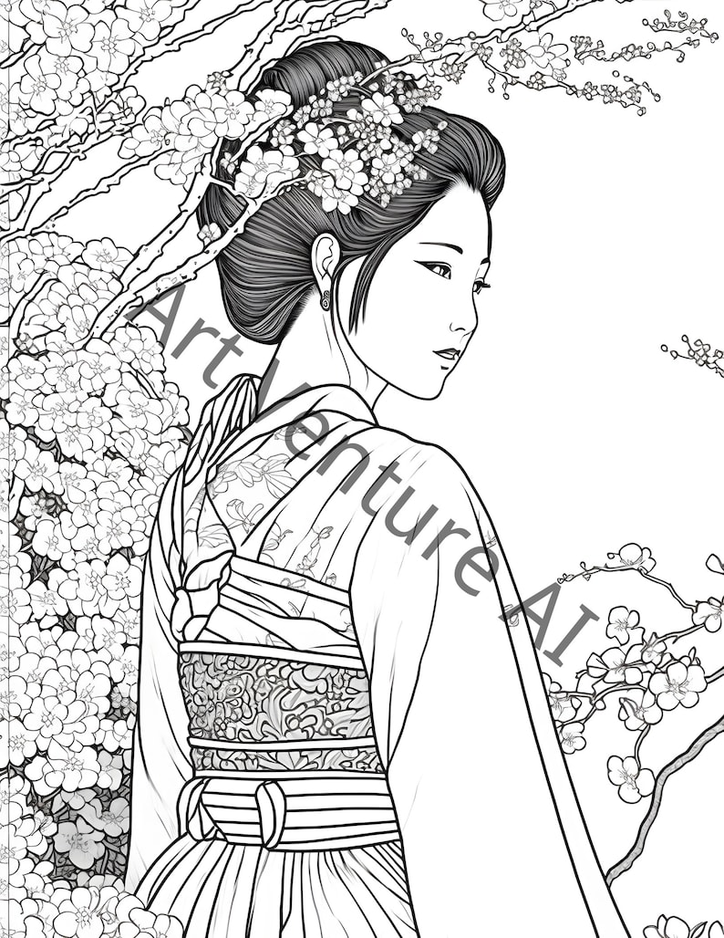 Grayscale Japanese Geisha Coloring Book Set 1 | 30 Printable Adult ...