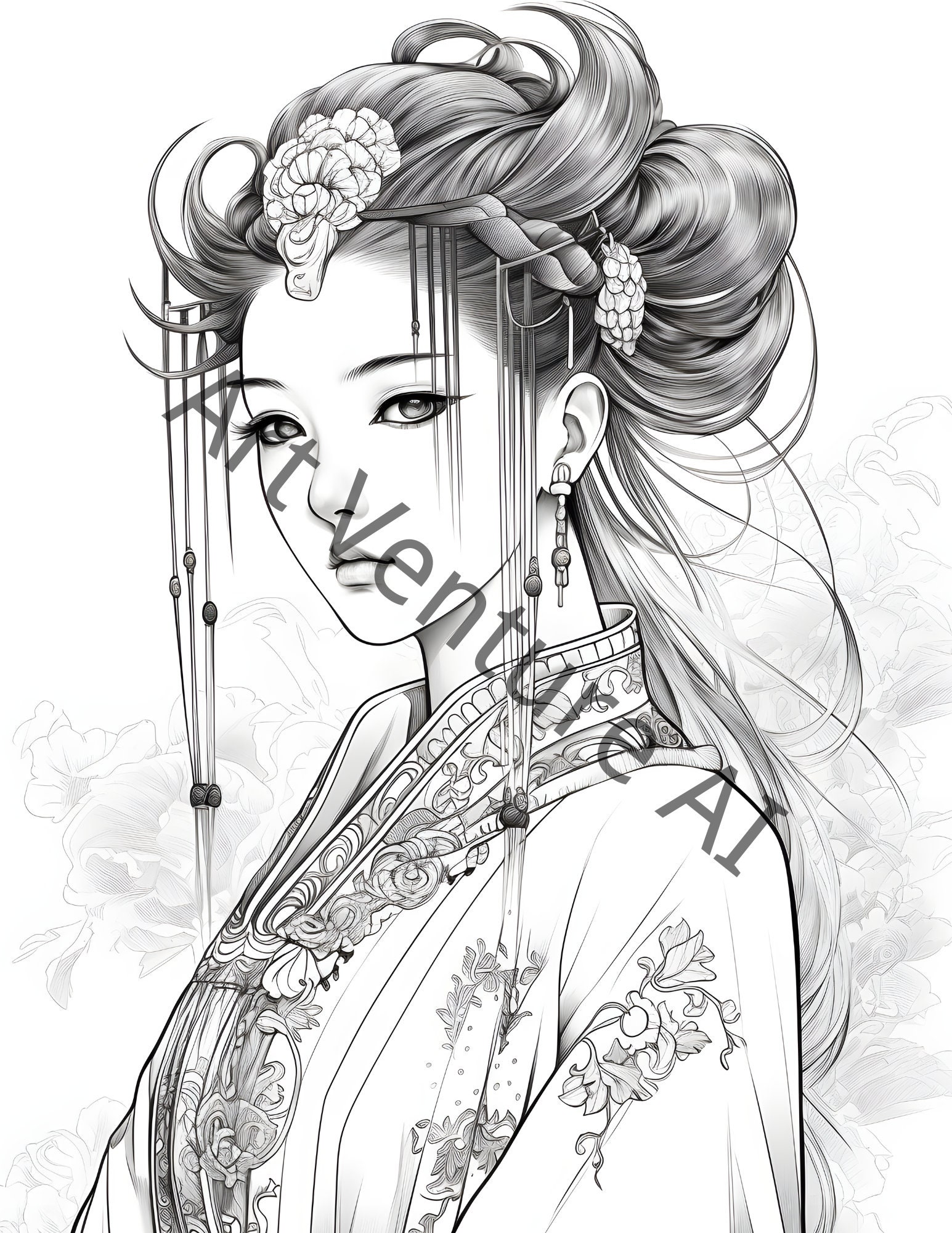 Grayscale Chinese Women Coloring Book for Adults | 30 Printable Adult ...