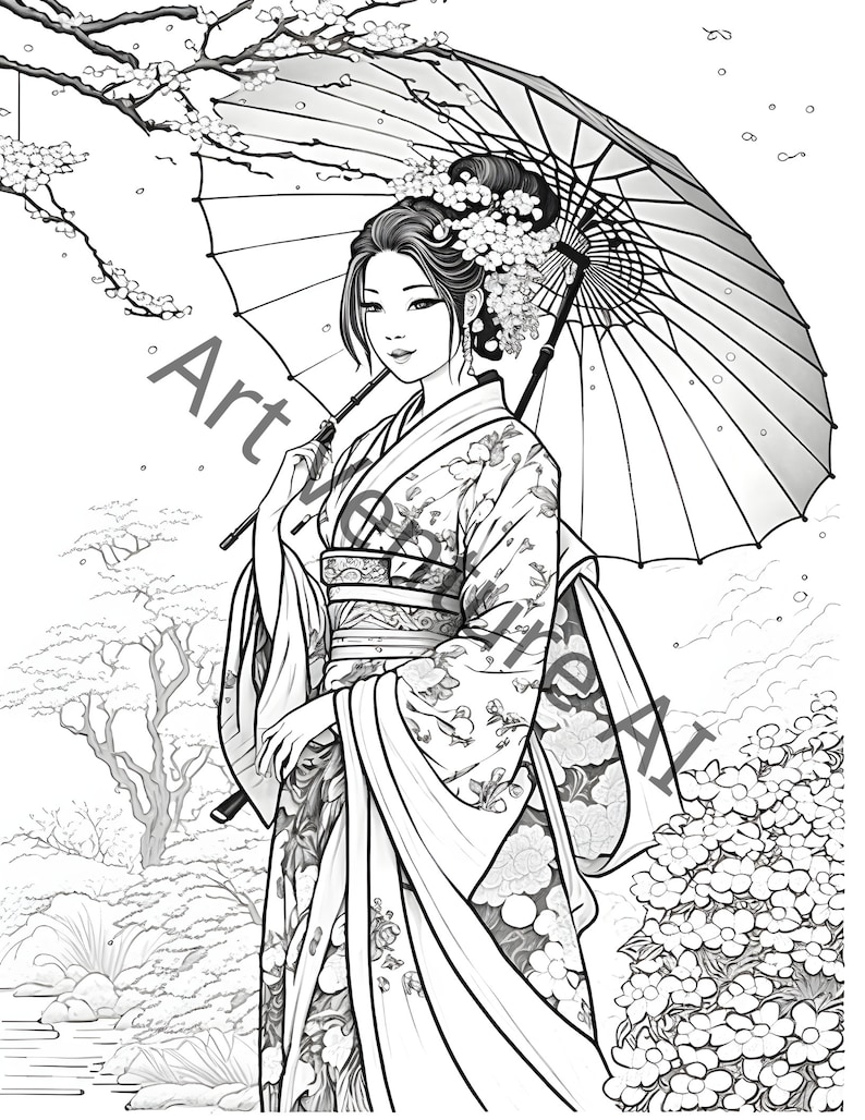 Grayscale Japanese Geisha Coloring Book Set 1 | 30 Printable Adult ...