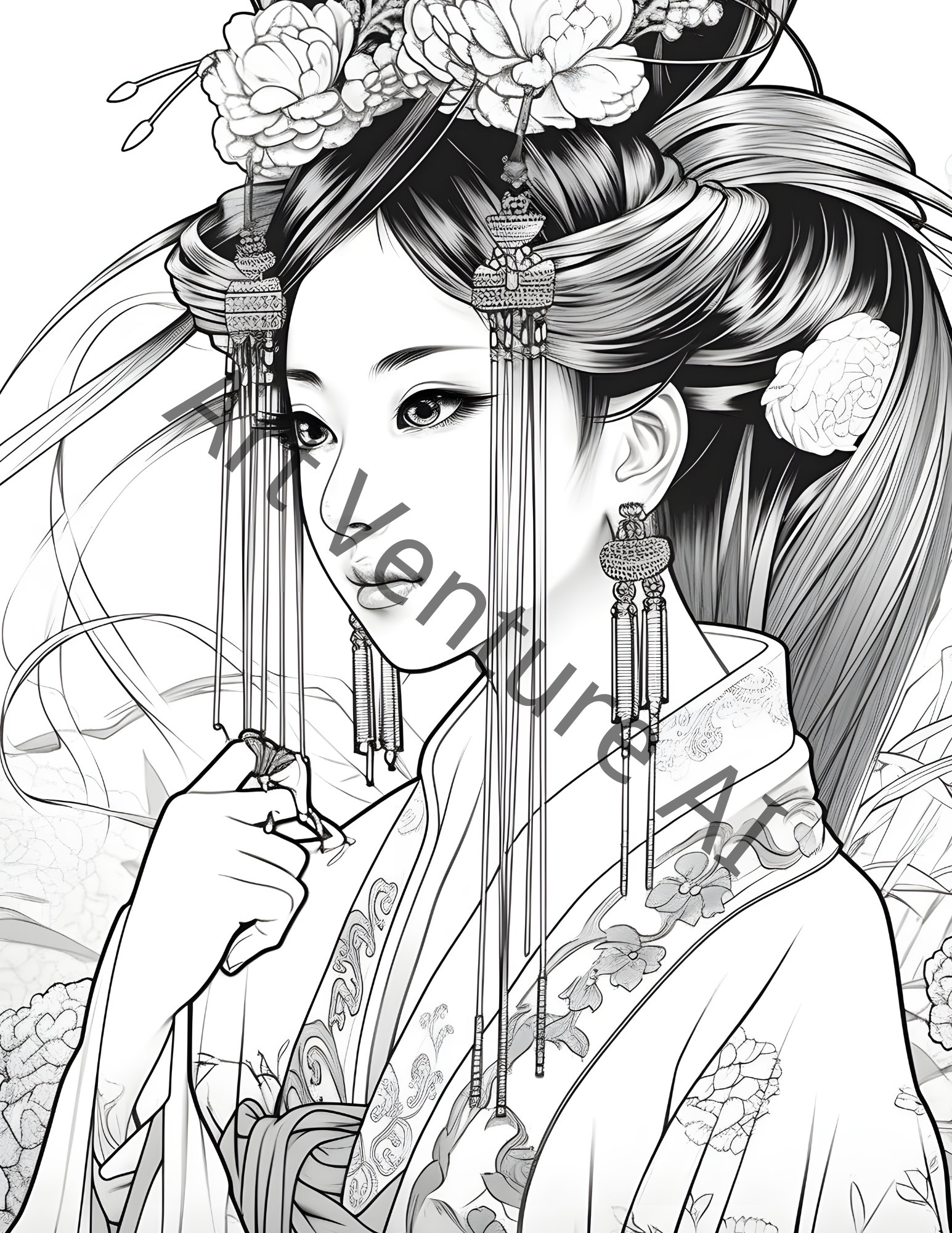Grayscale Chinese Women Coloring Book for Adults | 30 Printable Adult ...