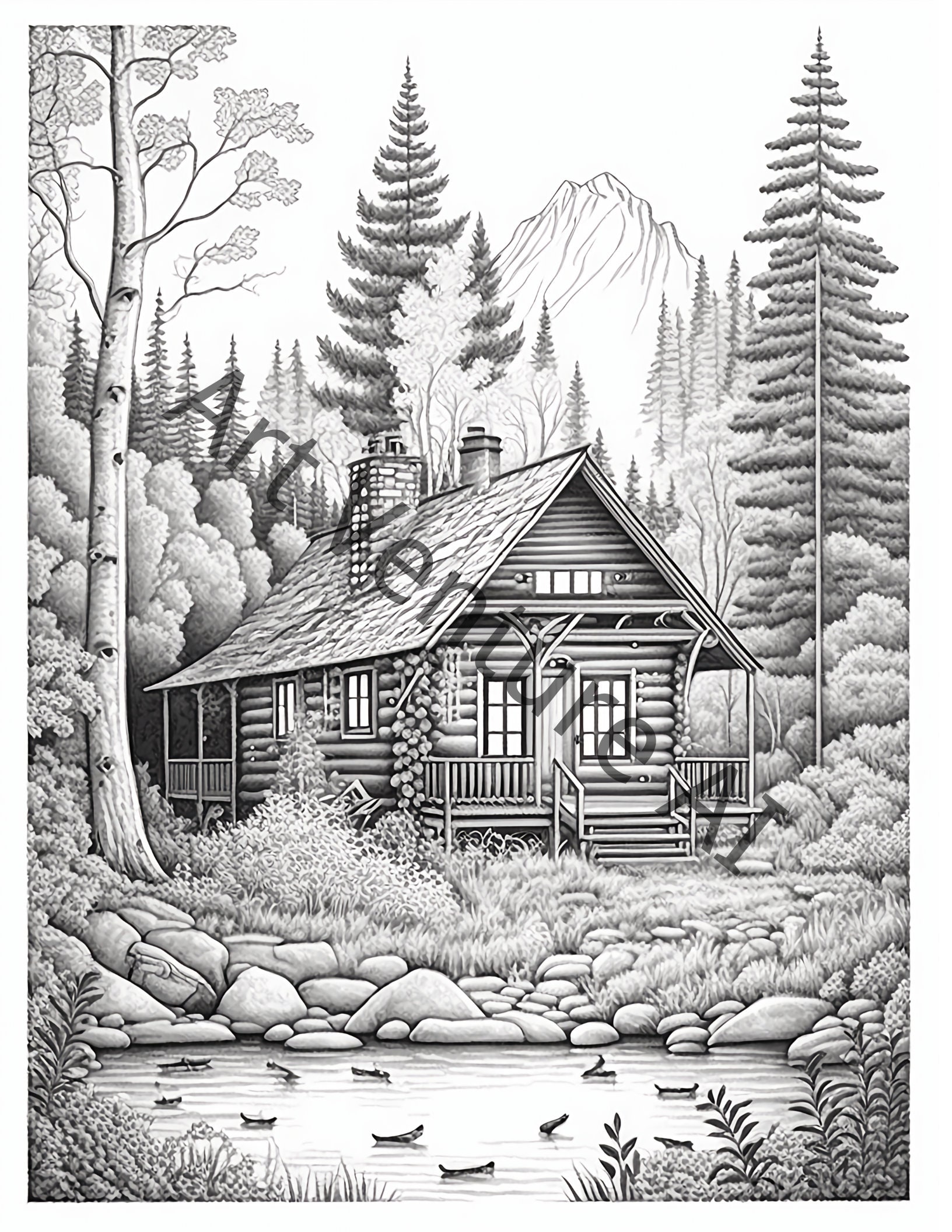 Grayscale Wilderness Cabin Coloring Book for Adult | 30 Printable Adult ...