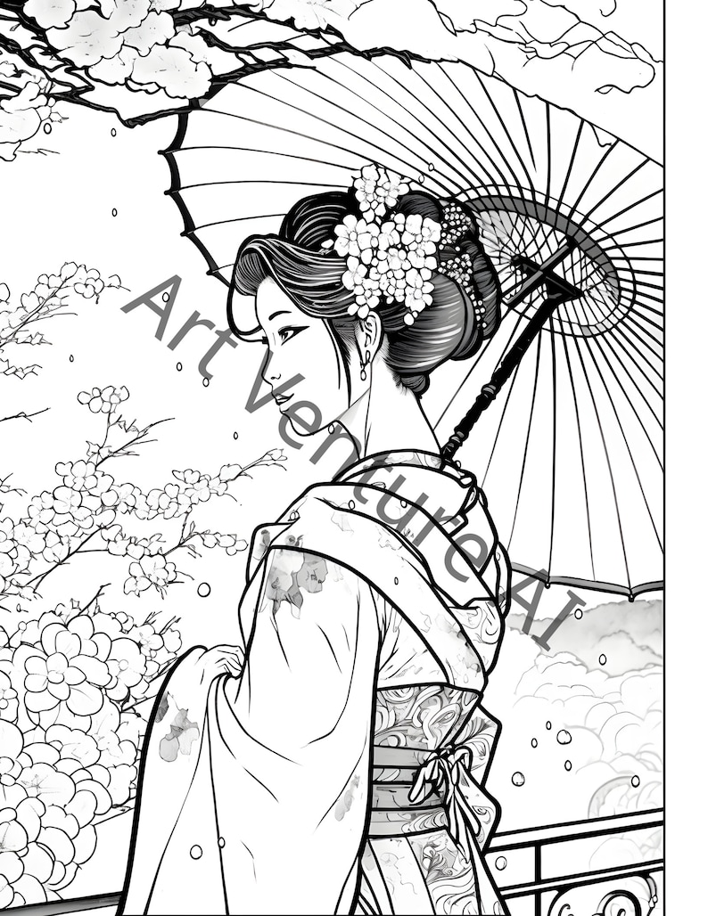 Grayscale Japanese Geisha Coloring Book Set 1 | 30 Printable Adult ...