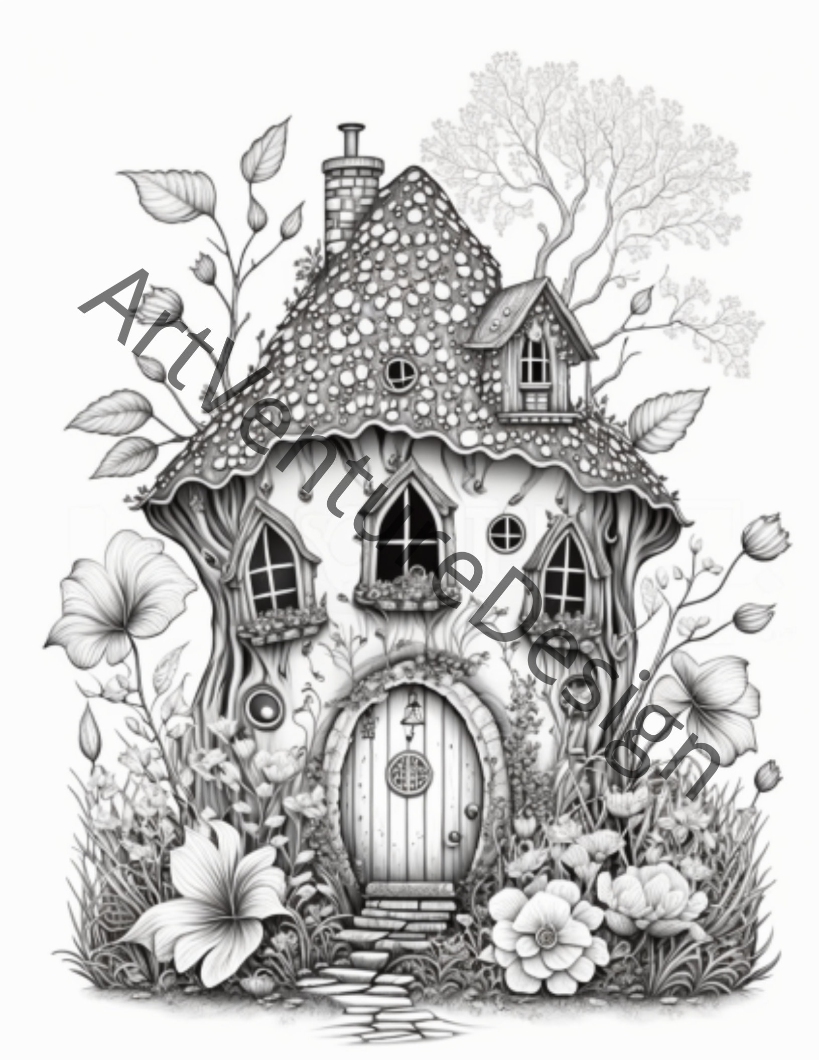 Grayscale Fairy Houses Coloring Book Set 1 | 30 Printable Adult ...