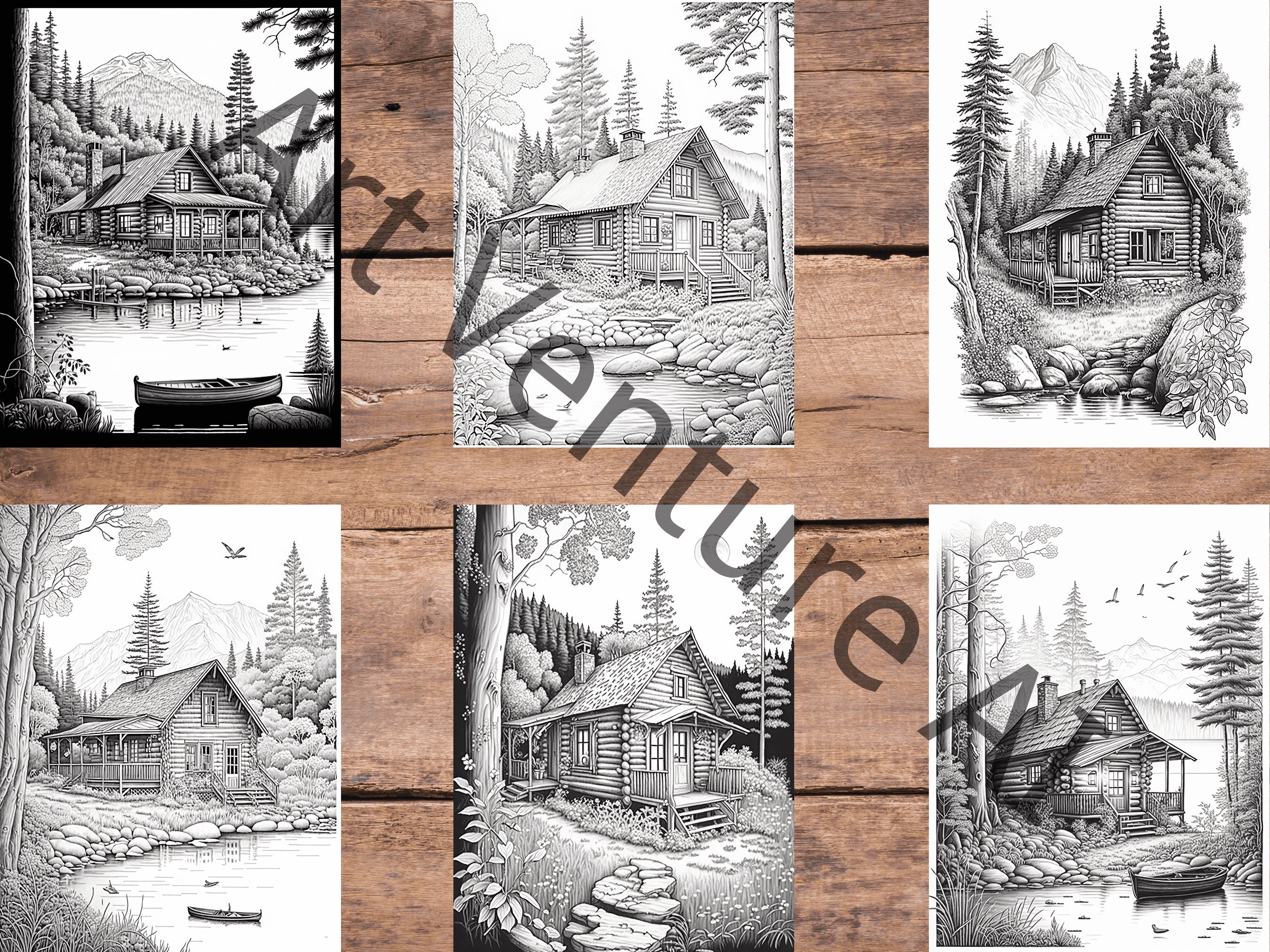 Grayscale Wilderness Cabin Coloring Book for Adult 30 Printable Adult ...