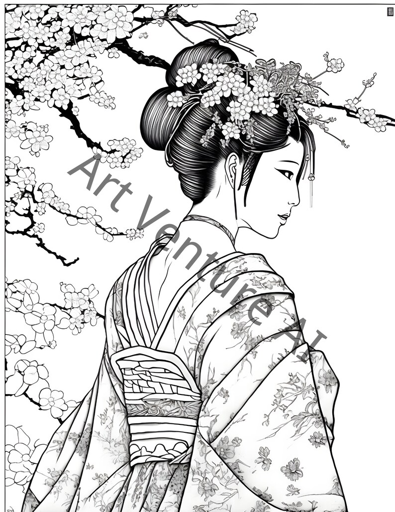 Grayscale Japanese Geisha Coloring Book Set 1 | 30 Printable Adult ...