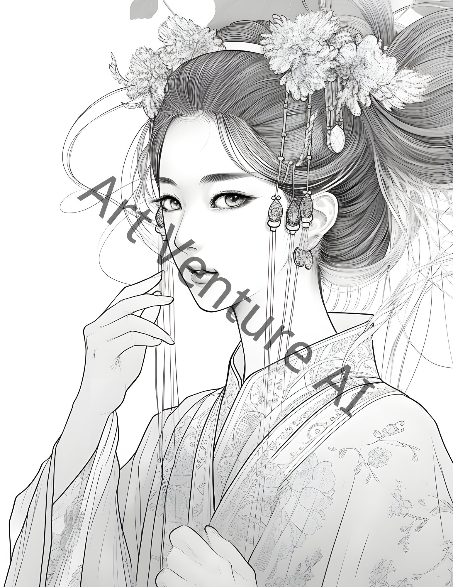 Grayscale Chinese Women Coloring Book for Adults | 30 Printable Adult ...